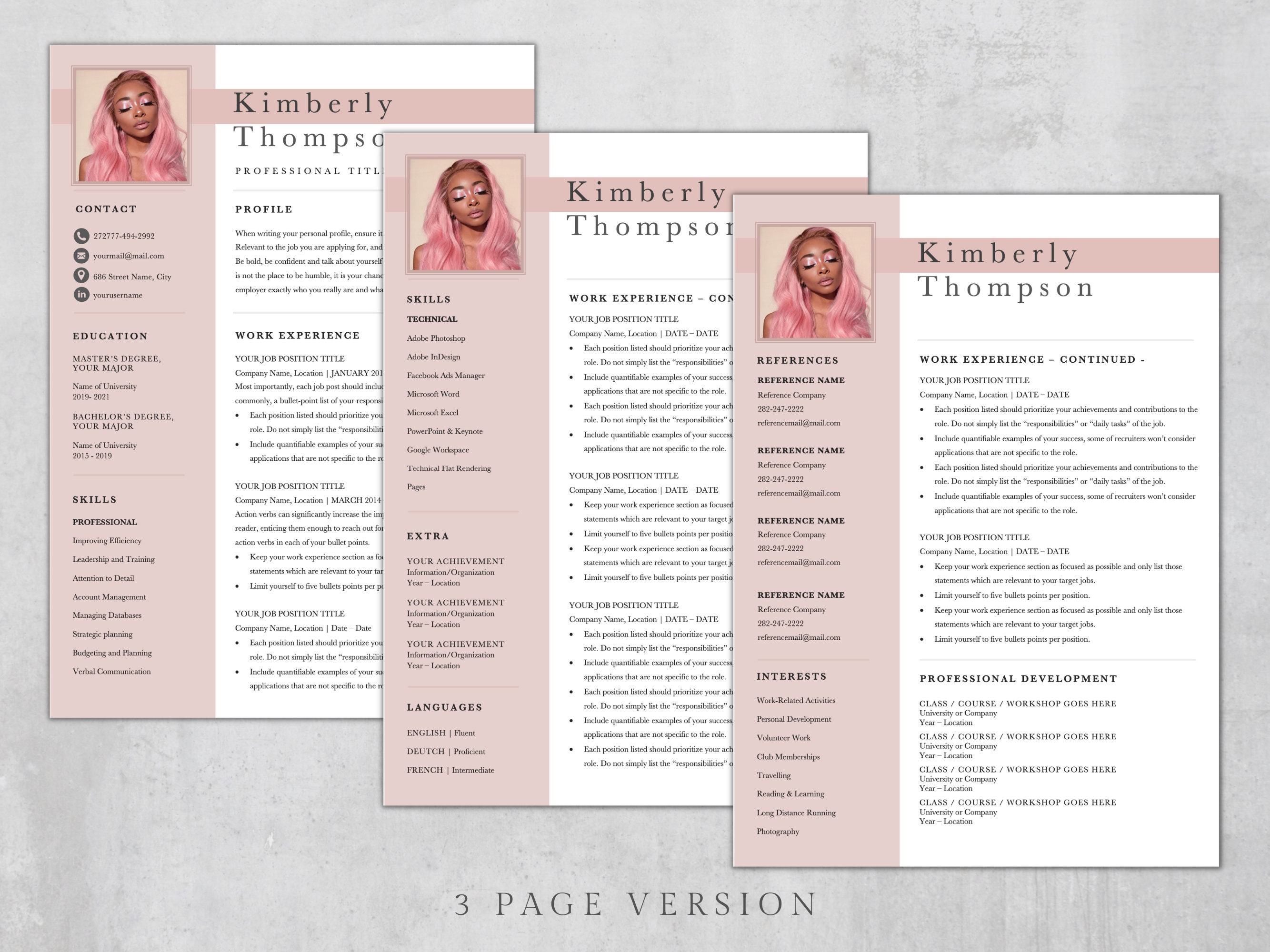 Pink Resume Template: Modern CV Design - Etsy