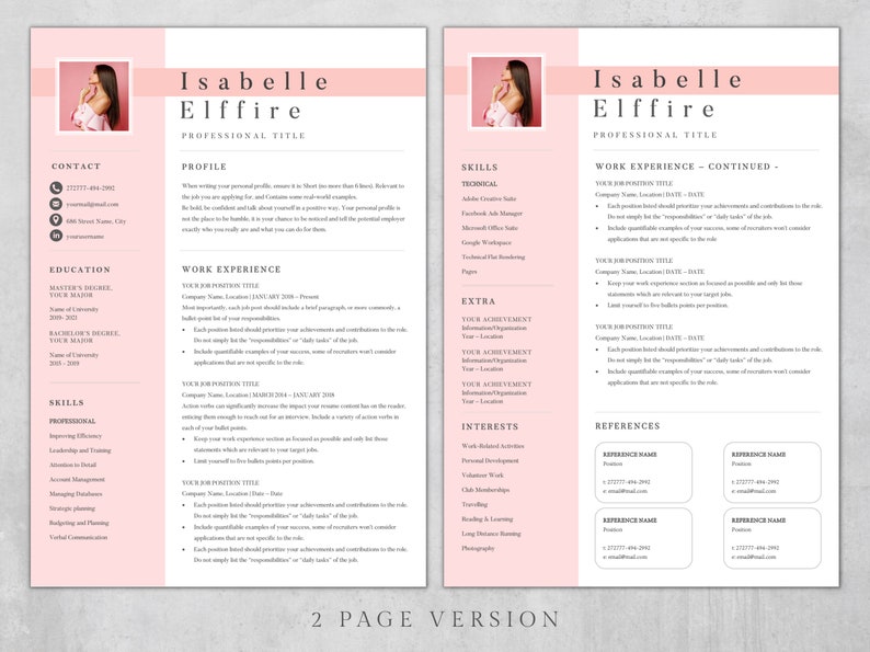Pink Resume Template: Modern CV Design for Word & Pages - Etsy