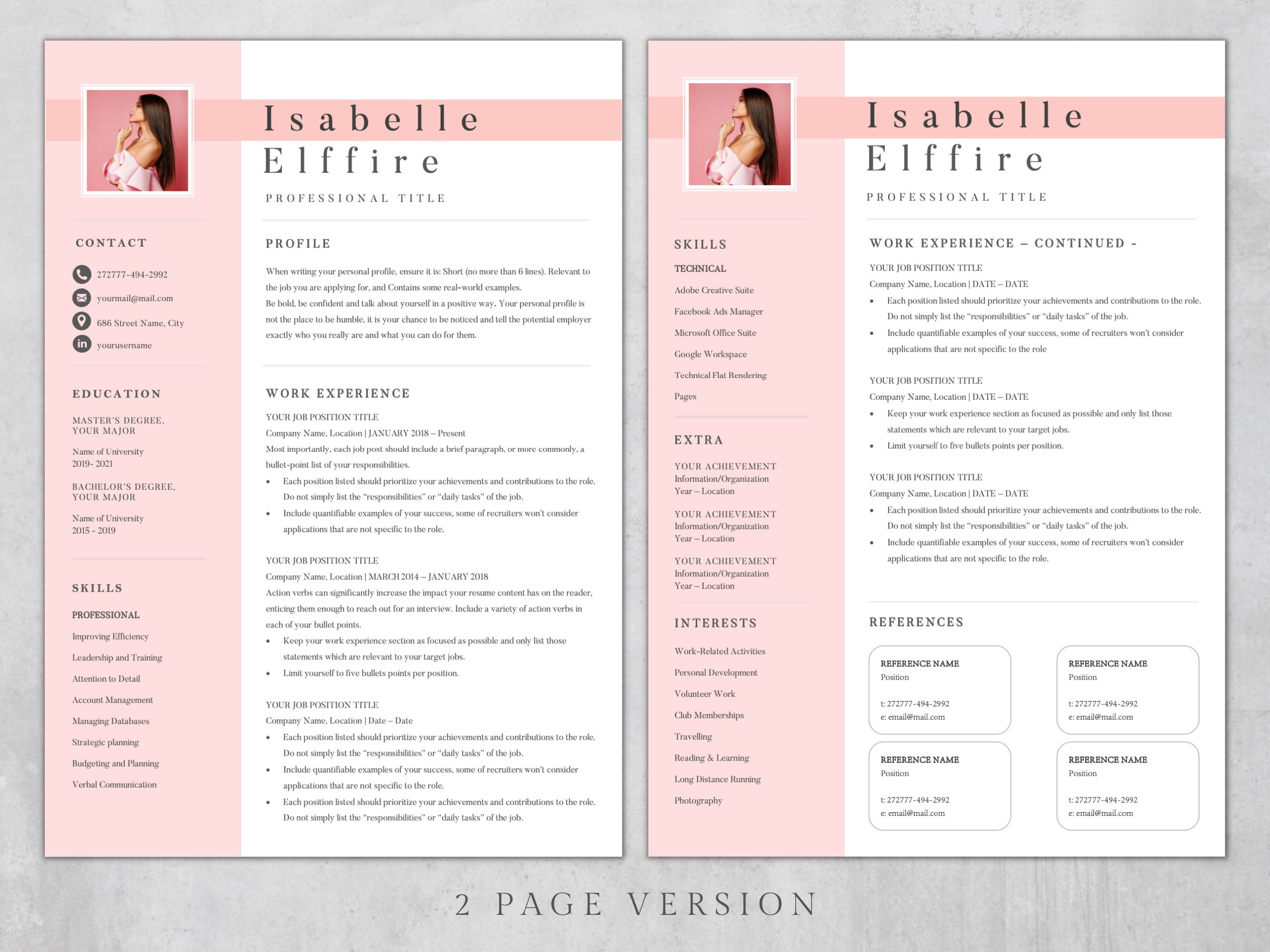 Pink Resume Template Word and Pages Resume Template Girl - Etsy