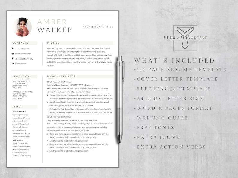 Modern Resume Template With Photo: Professional CV Design - Etsy