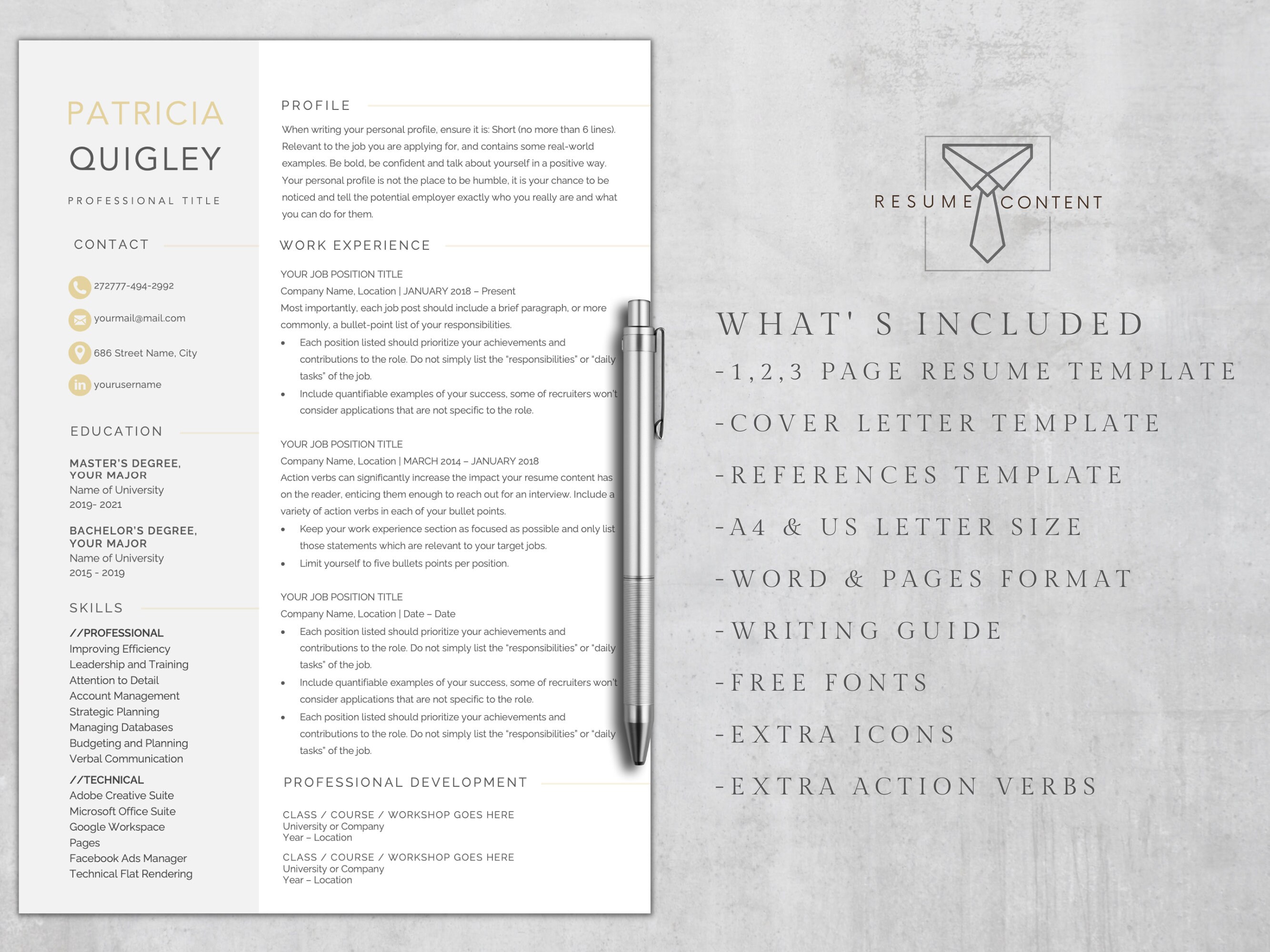 Golden Resume Template for Microsoft Word: 3 Page CV + Cover Letter (A4 ...