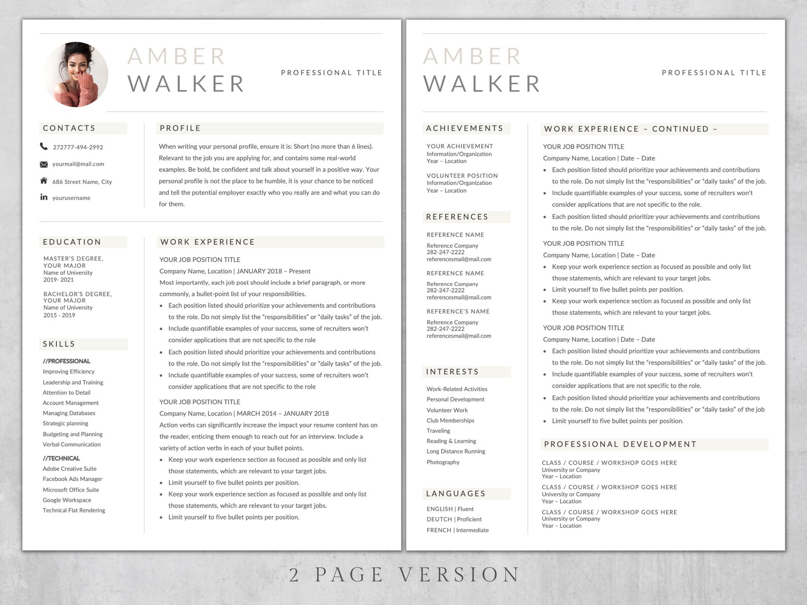 Modern Resume Template With Photo: Professional CV Design - Etsy