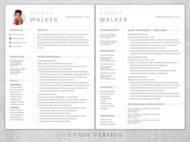 Modern Resume Template With Photo: Professional CV Design - Etsy