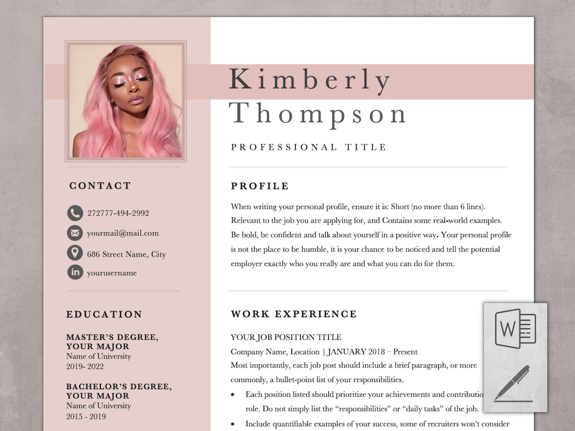 Pink Resume Template: Modern CV Design for Word & Pages - Etsy