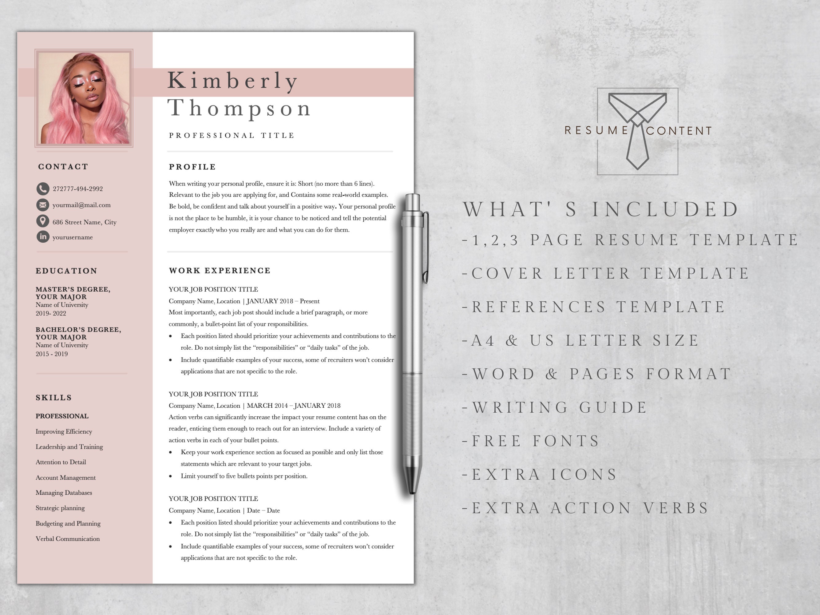 Pink Resume Template: Modern CV Design for Word & Pages - Etsy