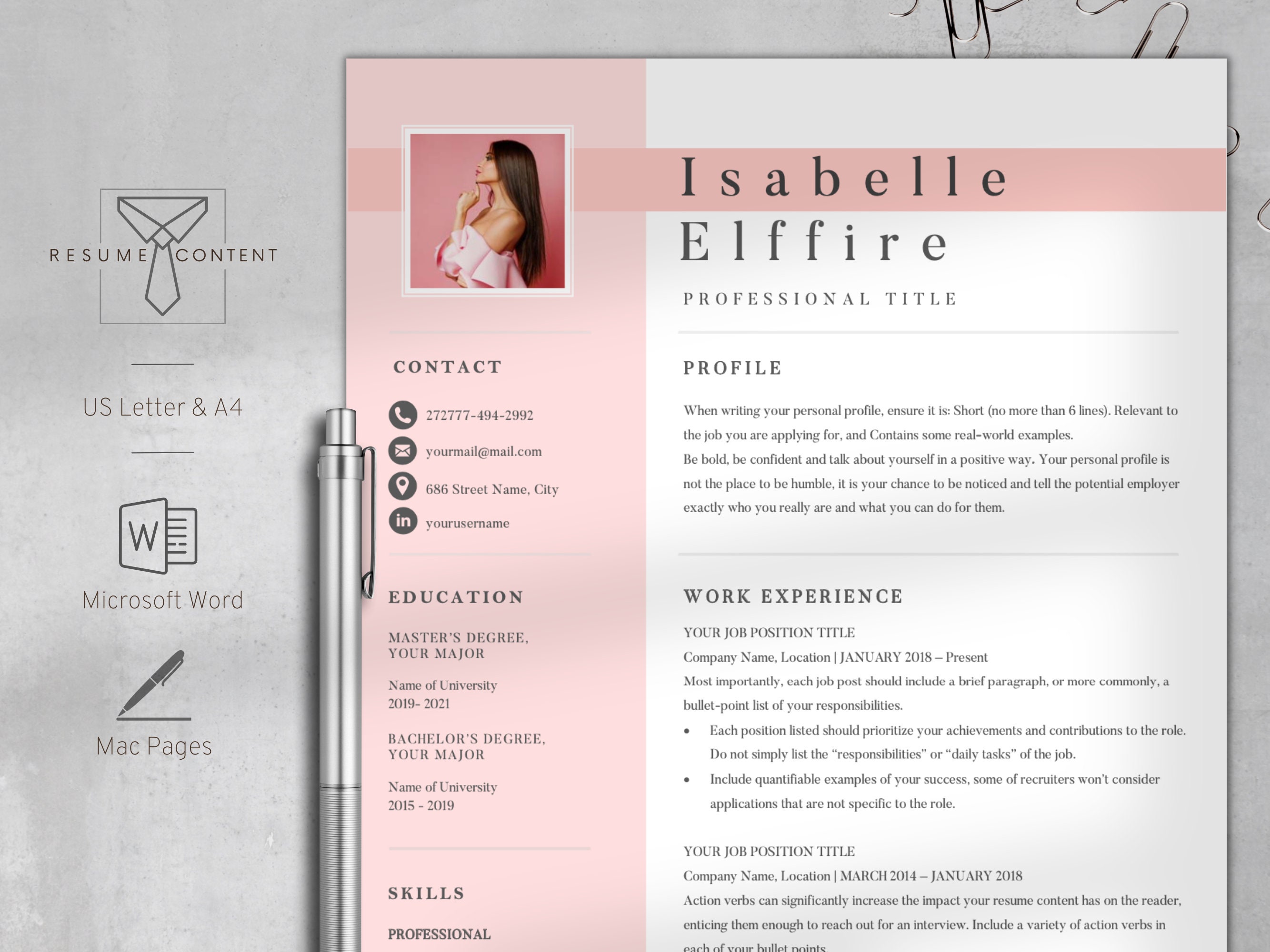 Pink Resume Template | Word and Pages Resume Template | Girl Resume ...