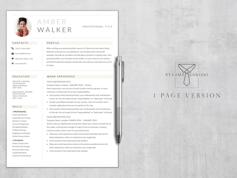 Modern Resume Template With Photo: Professional CV Design - Etsy