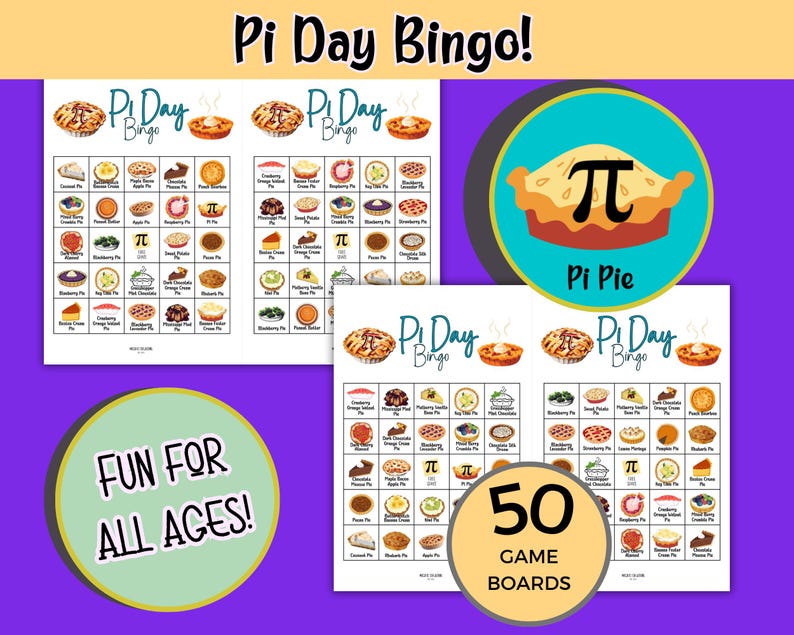 Pi Day Bingo Game Printable | 50 Unique Boards | Pi(e) Themed Party ...