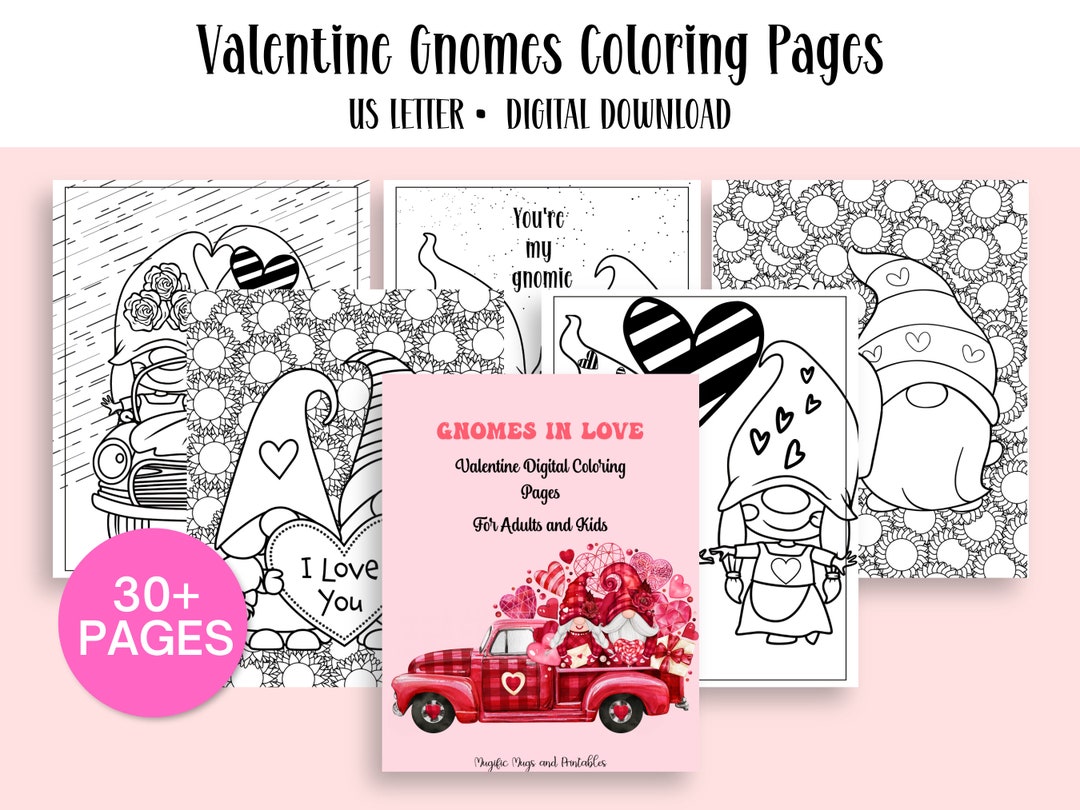 Valentine Gnome Coloring Pages for Adults and Kids/ Digital Download ...