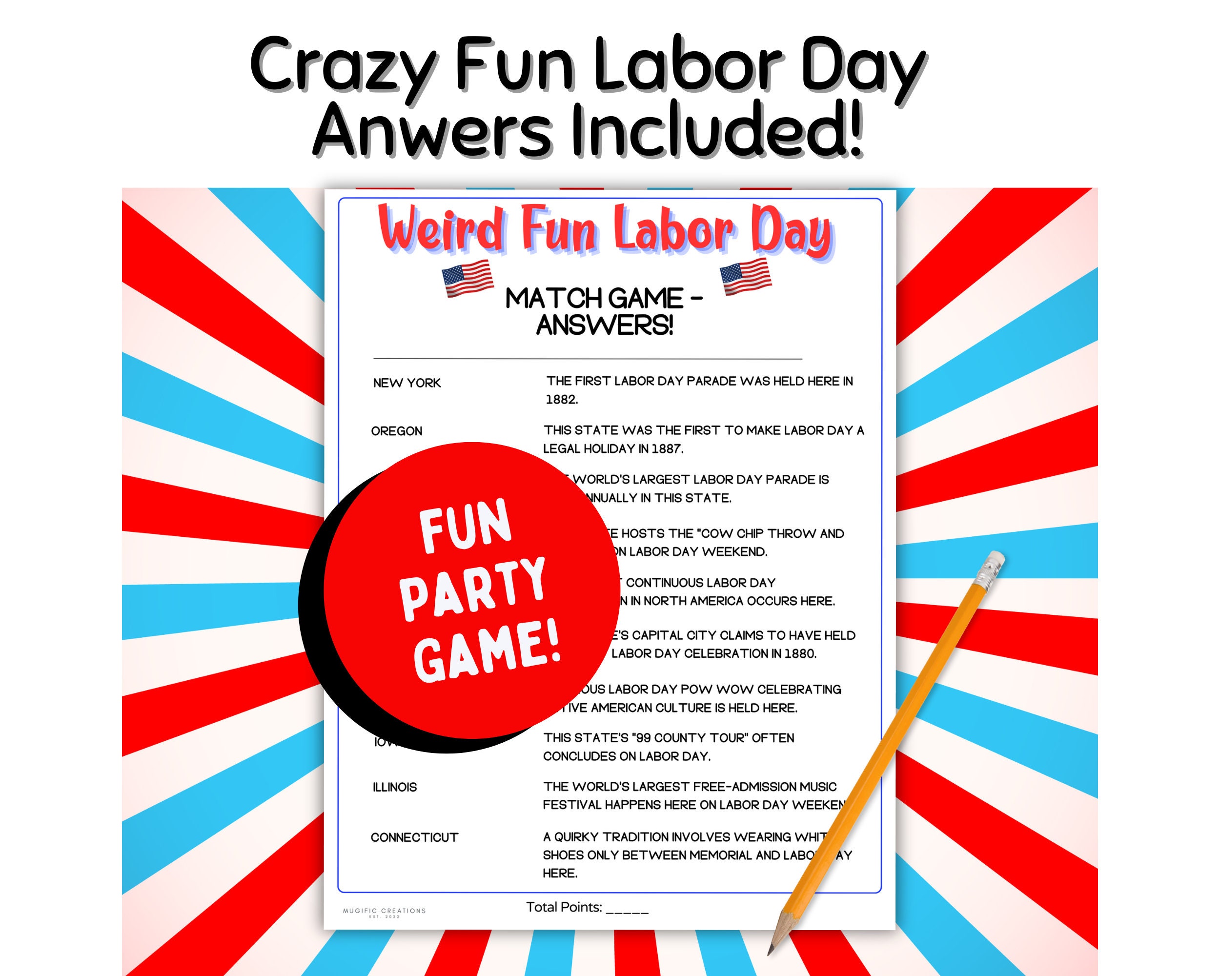 Labor Day Matching Game | Fun Facts, US States (digital Download) - Etsy