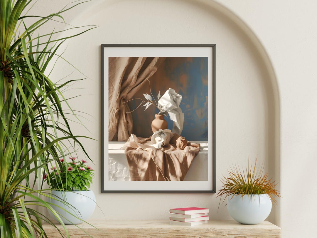 Neutral Still Life Wall Art Print, Modern Draped Fabric Vase Art, Soft ...