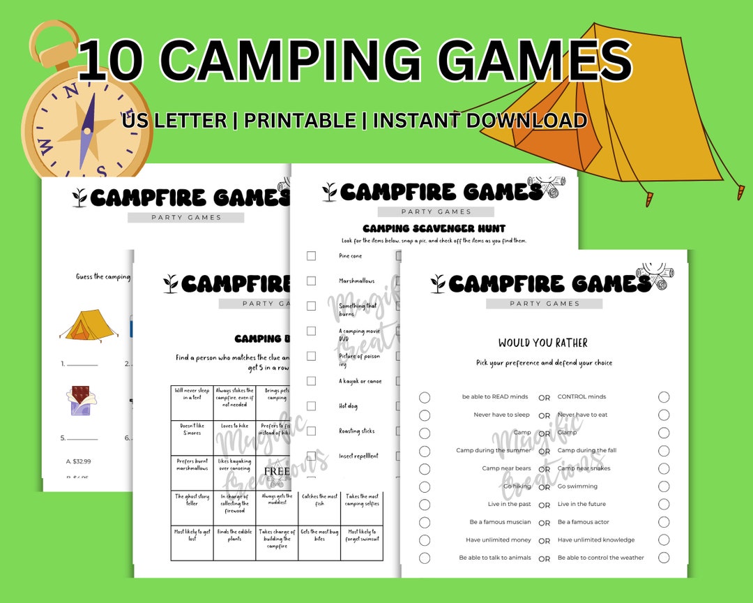 10 Printable Camping Games | Outdoor Family Fun Pack | RV Trip Activities | Kids Campfire Games ...