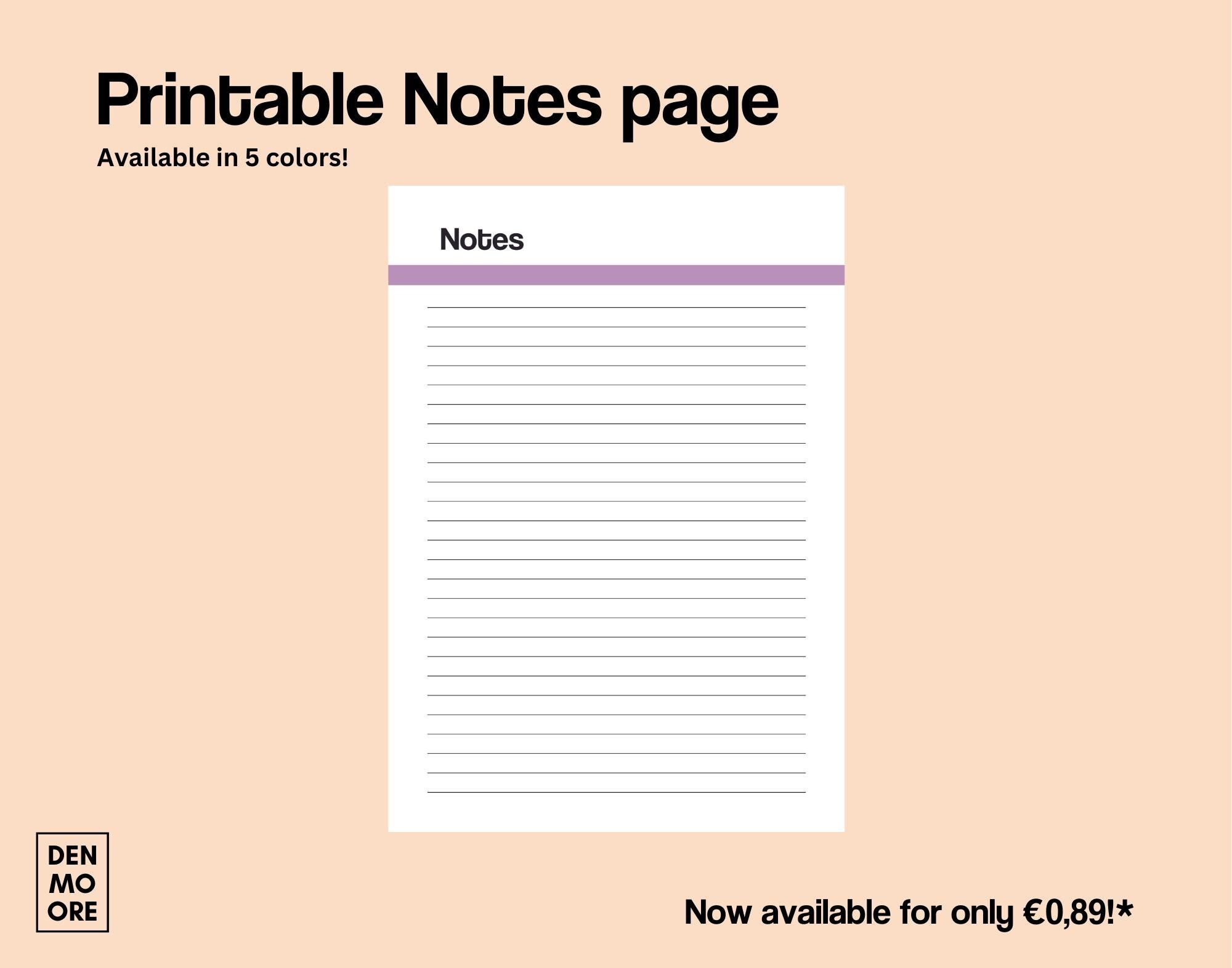 Printable Notes Page in 5 Colors - Etsy