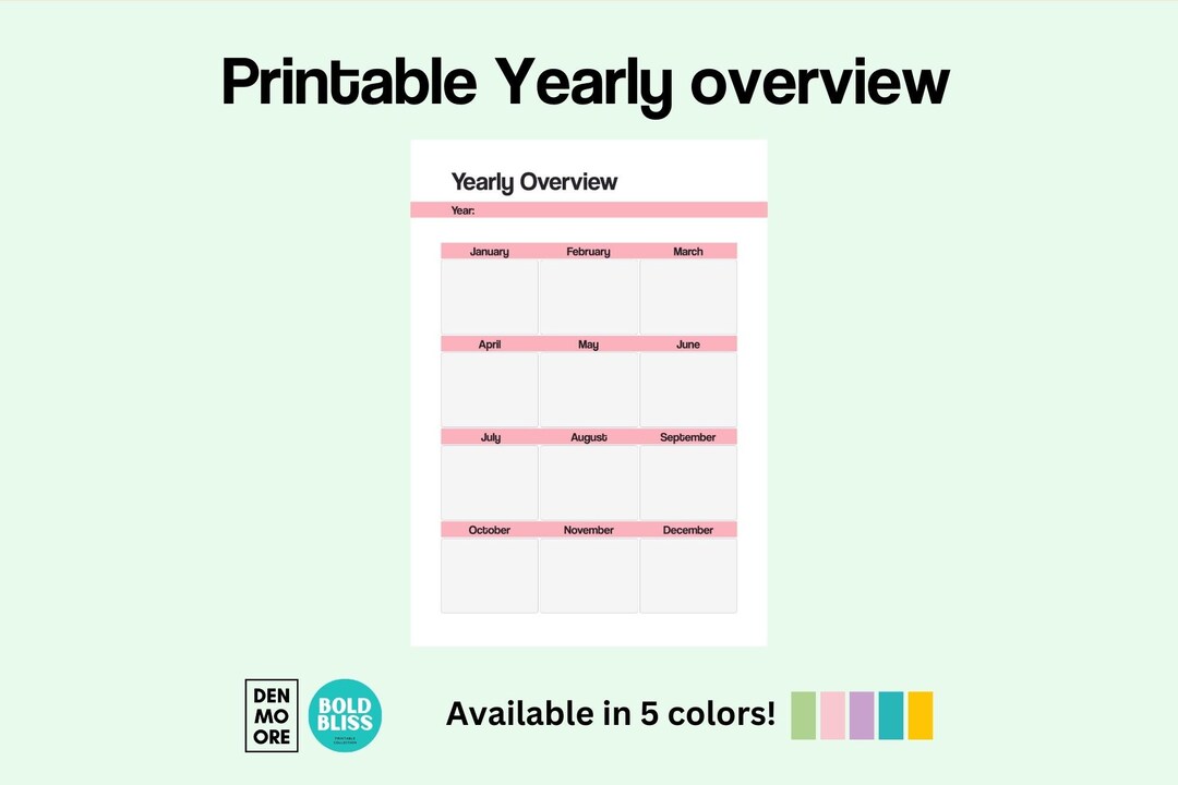 Printable Yearly Overview Page in 5 Colors! - Etsy