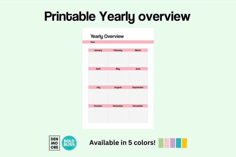 Printable Yearly Overview Page in 5 Colors! - Etsy