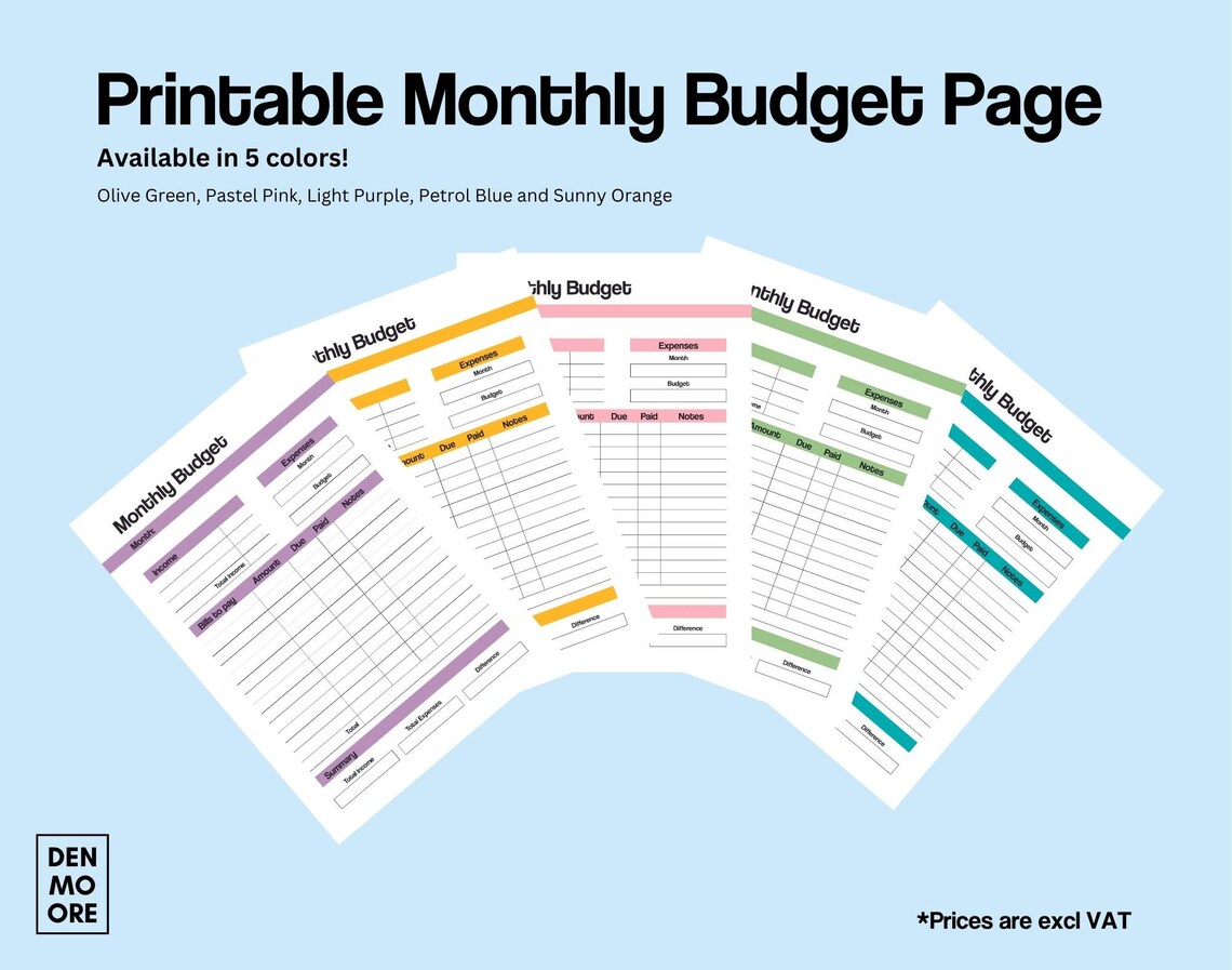 Printable Monthly Budget Page in 5 Colors - Etsy