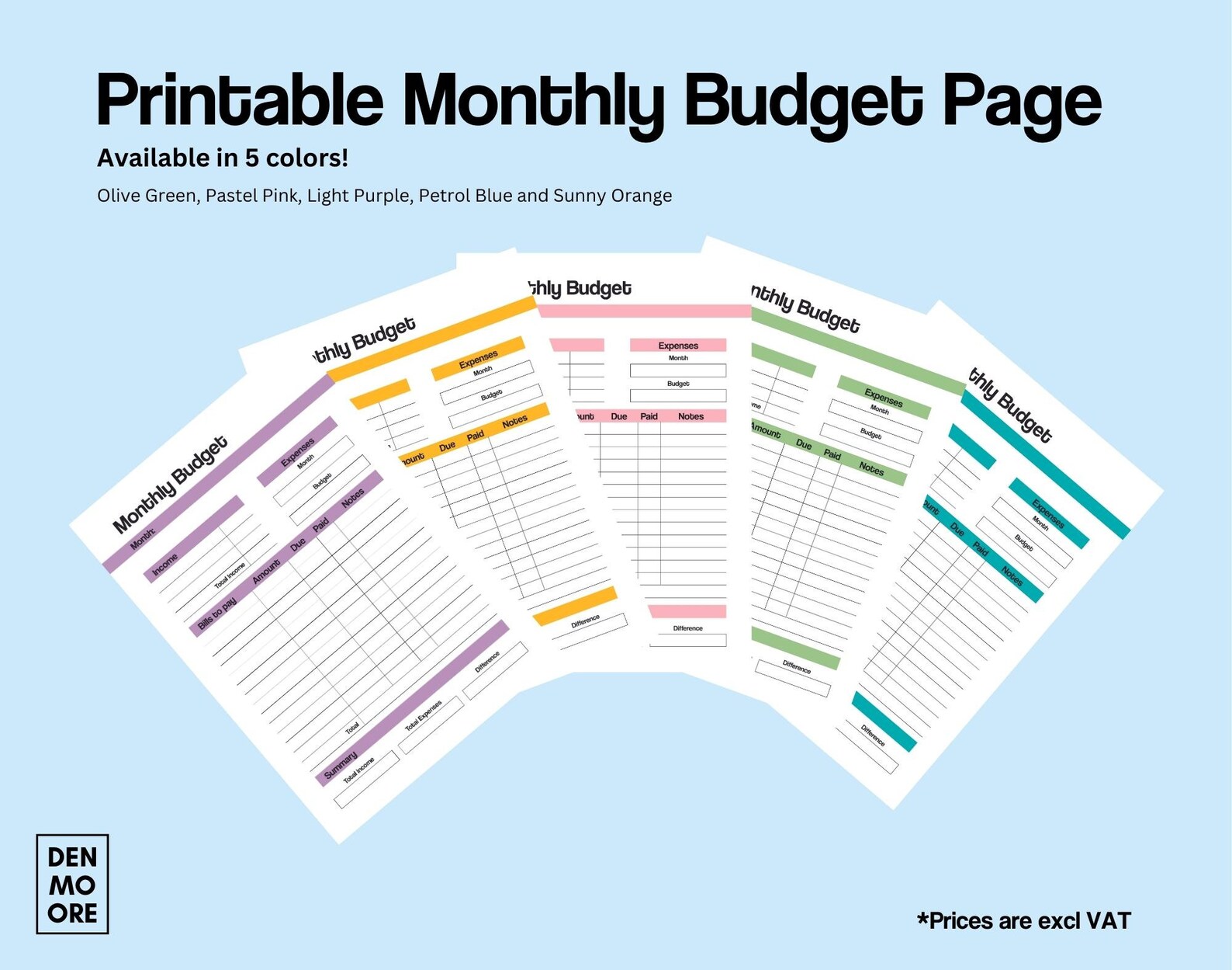 Printable Monthly Budget Page in 5 Colors - Etsy