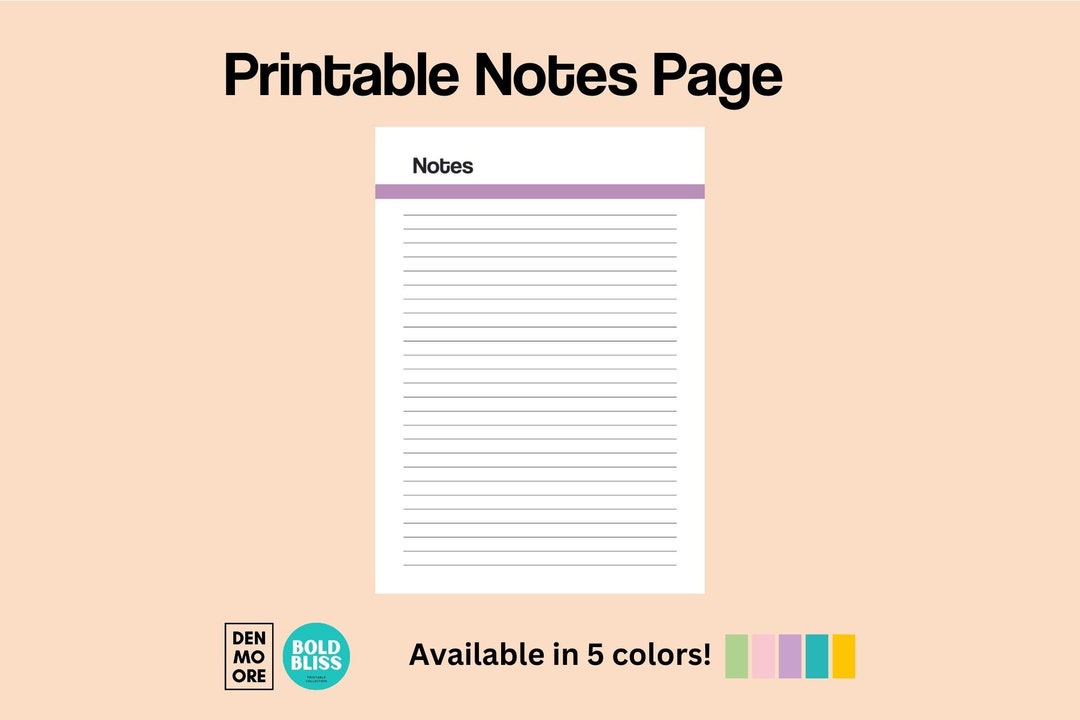 Printable Notes Page in 5 Colors - Etsy