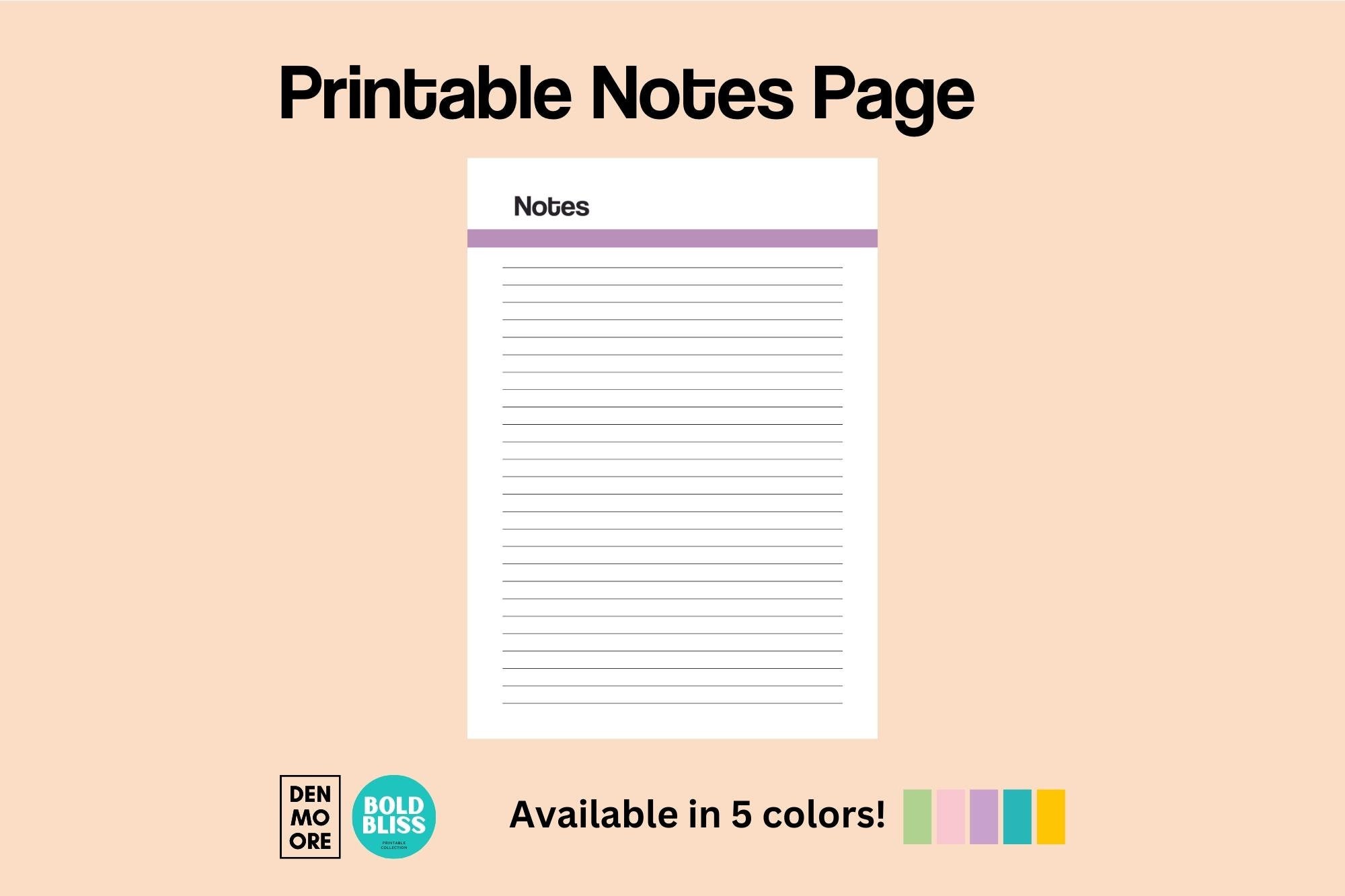 Printable Notes Page in 5 Colors! - Etsy