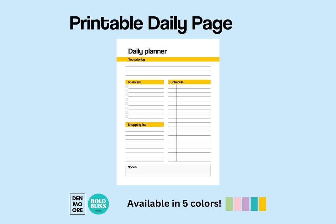 Printable Daily Planner Page in Minimal Design. Available in 5 Colors ...