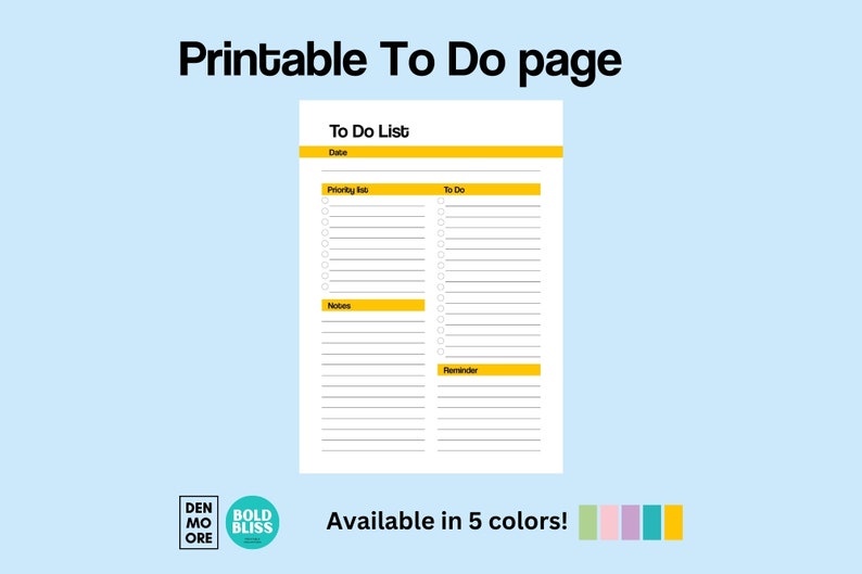 Printable to Do List Page in 5 Colors! - Etsy