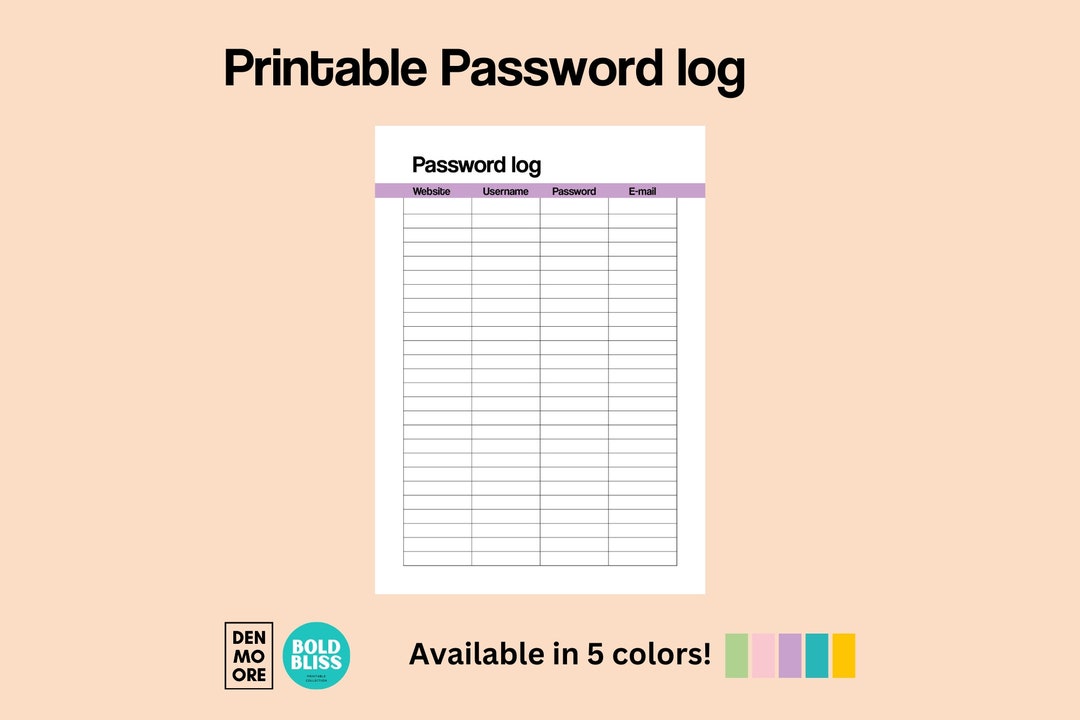 Printable Password Log in 5 Colors! - Etsy