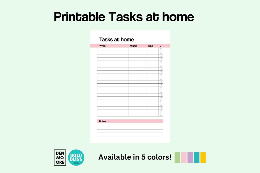 Printable ''tasks at Home'' Pages Available in 5 Colors - Etsy