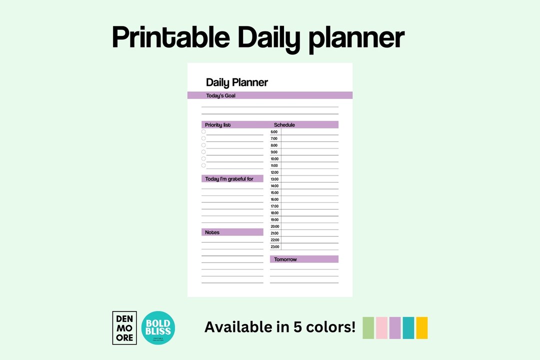 Printable Daily Planner Page in 5 Colors! - Etsy
