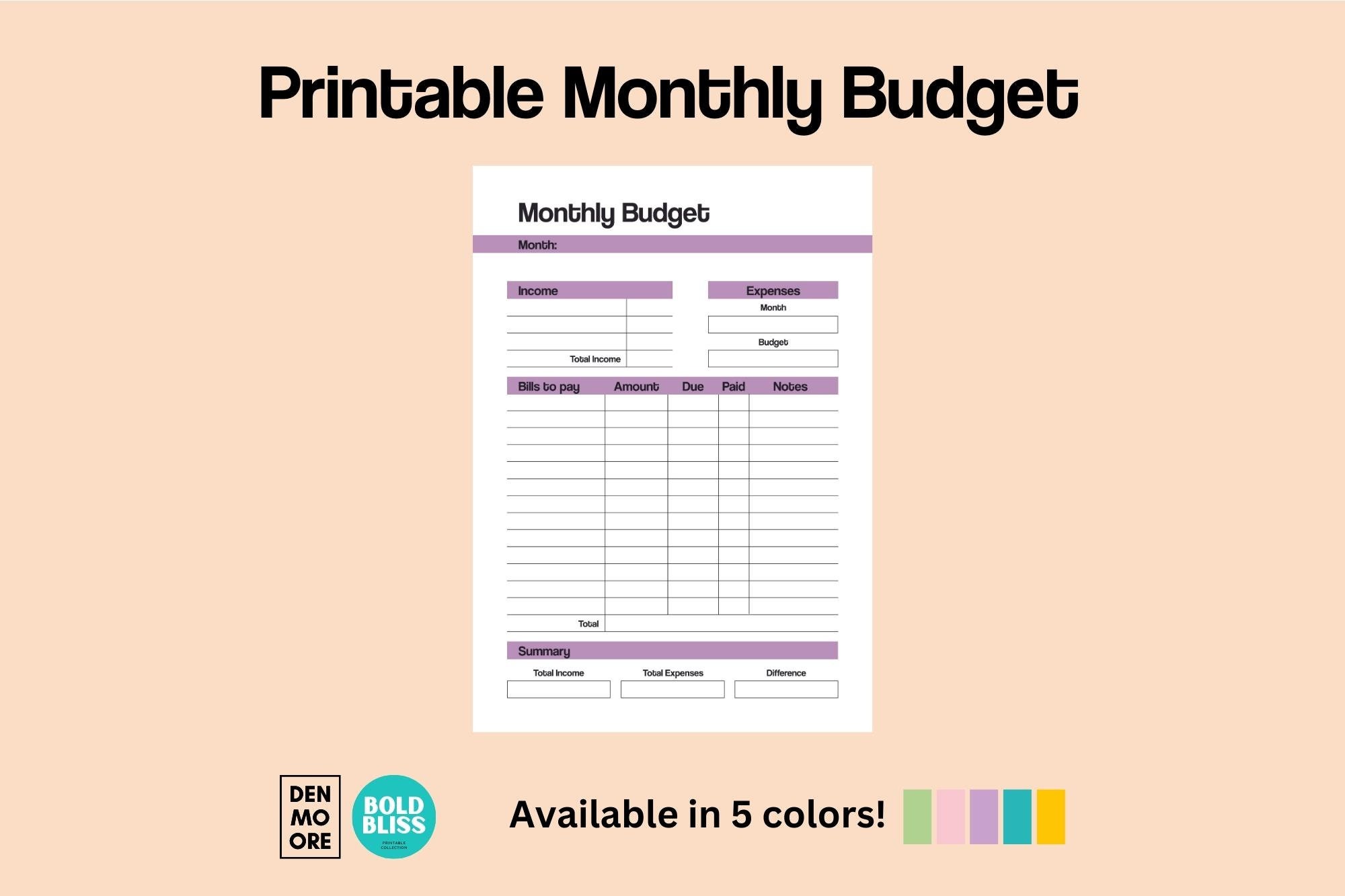 Printable Monthly Budget Page in 5 Colors! - Etsy