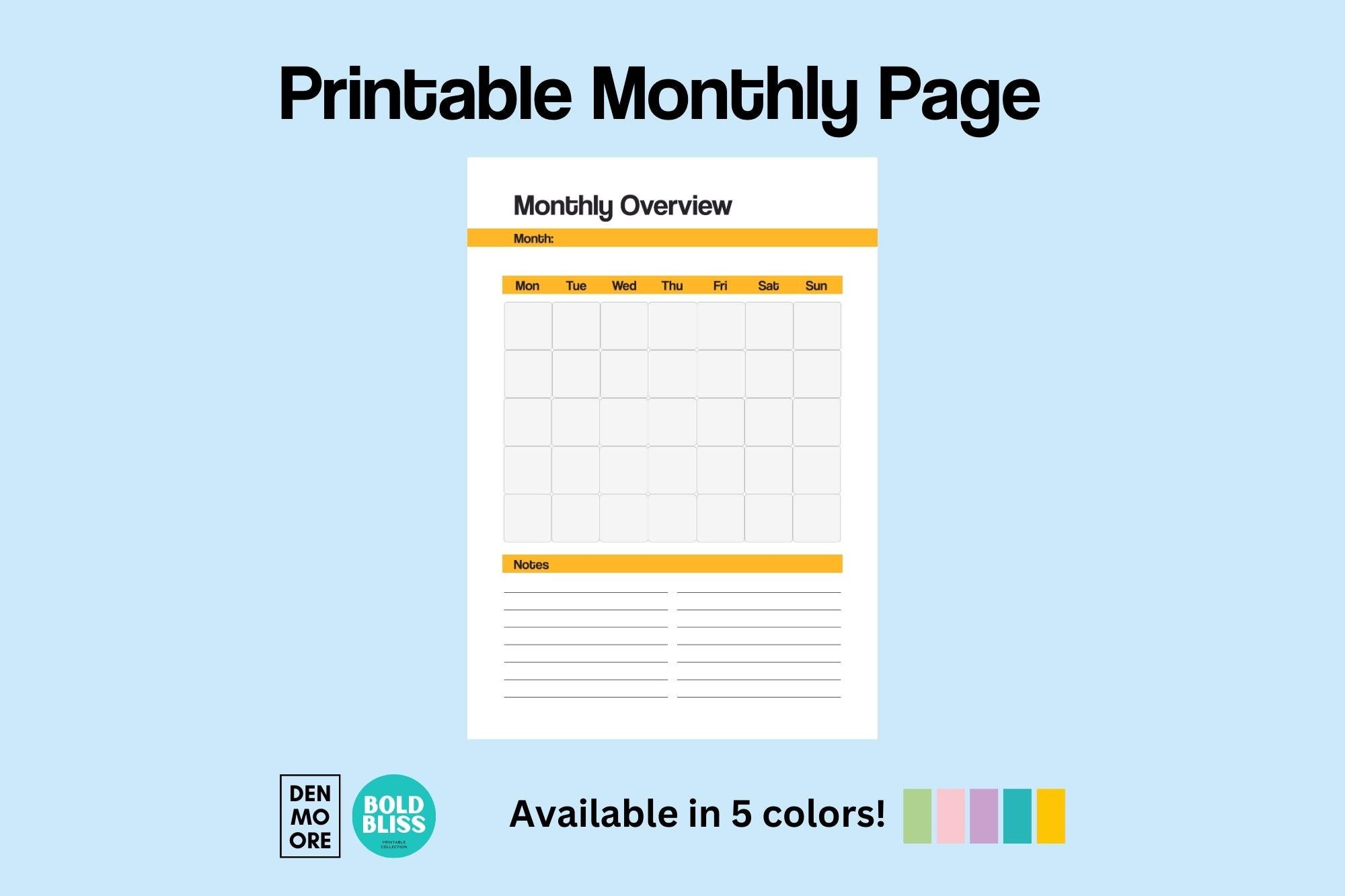Printable Monthly Overview in 5 Colors! - Etsy