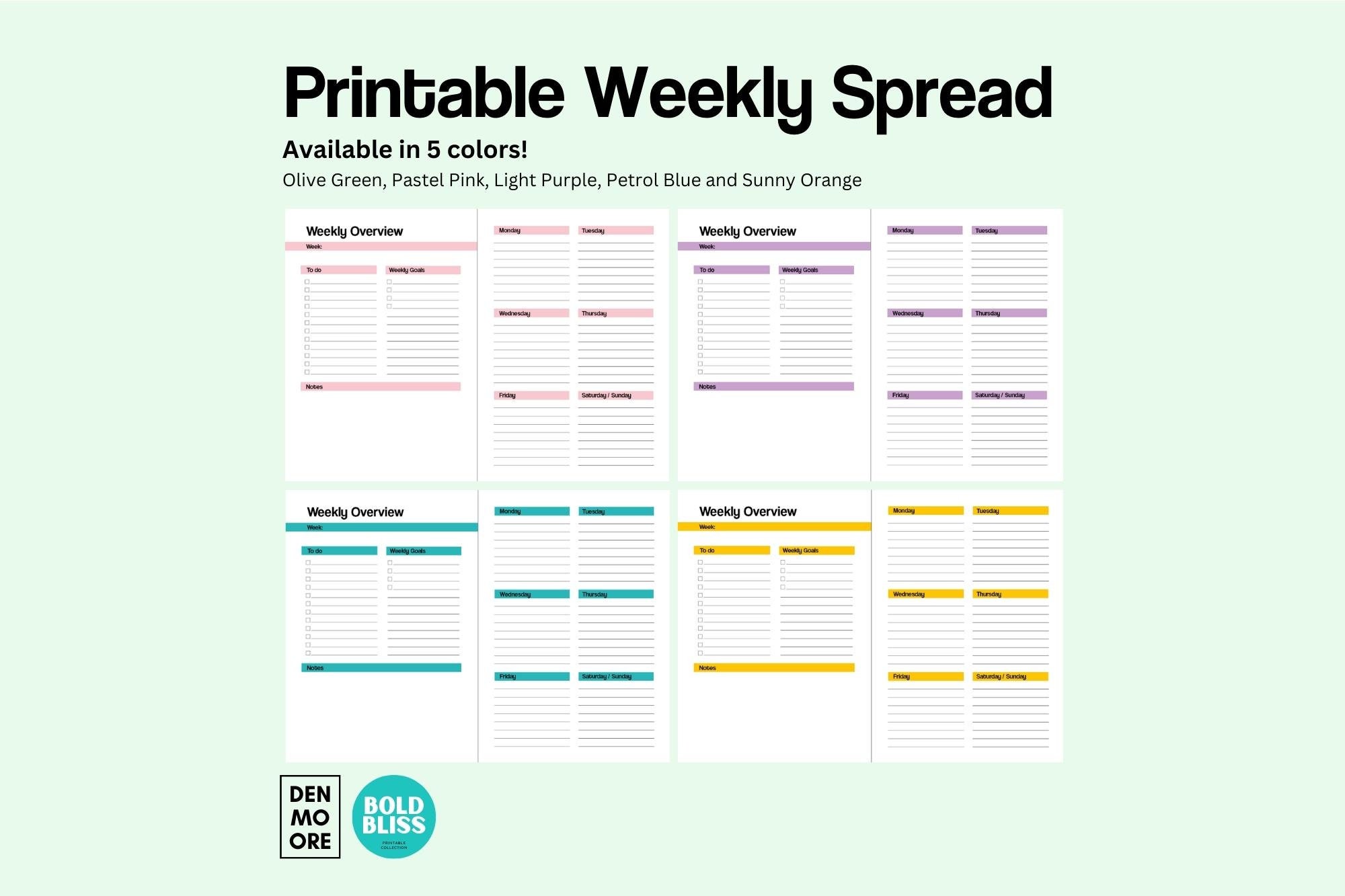 Printable Weekly Spread Pages in 5 Colors! - Etsy