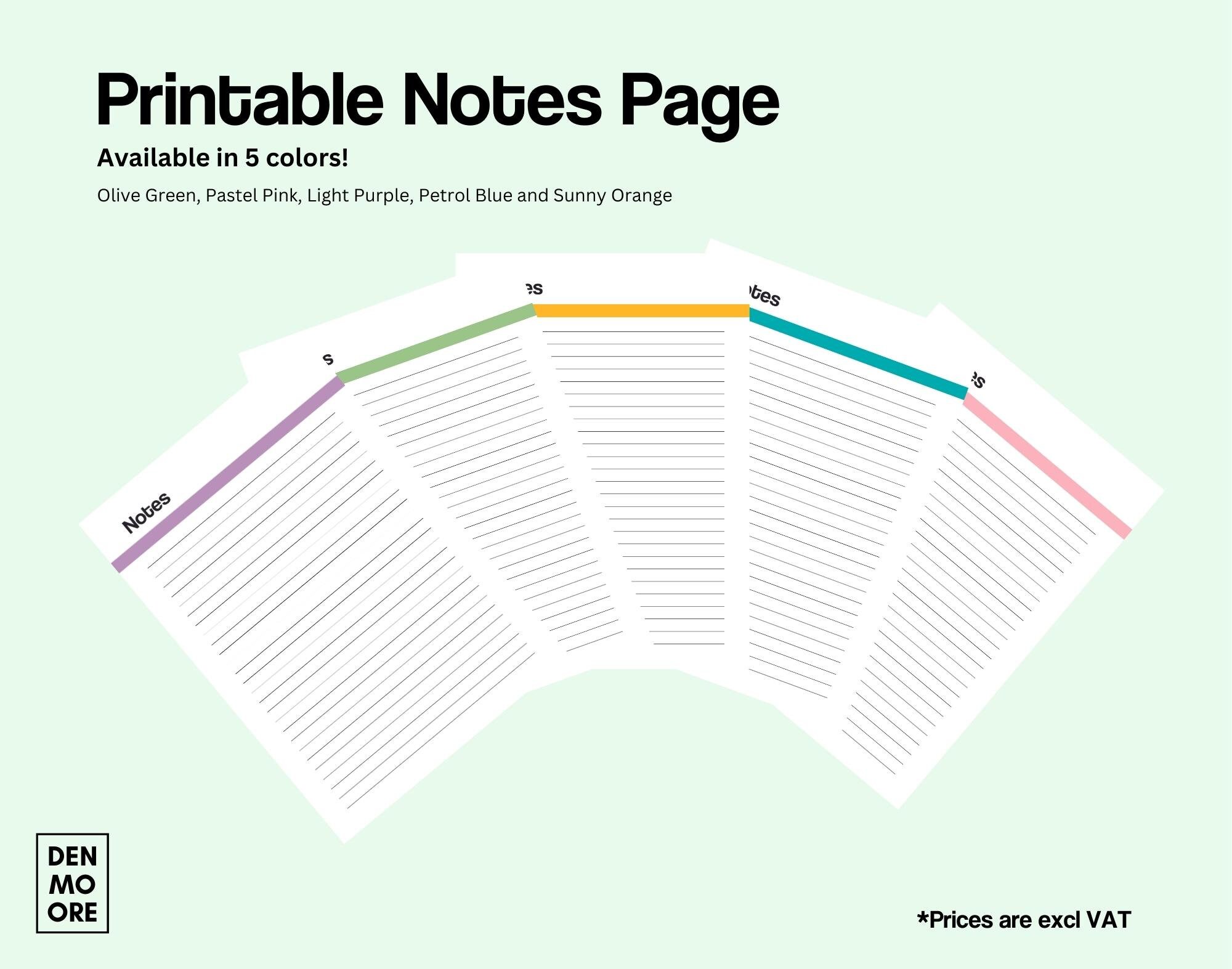 Printable Notes Page in 5 Colors - Etsy