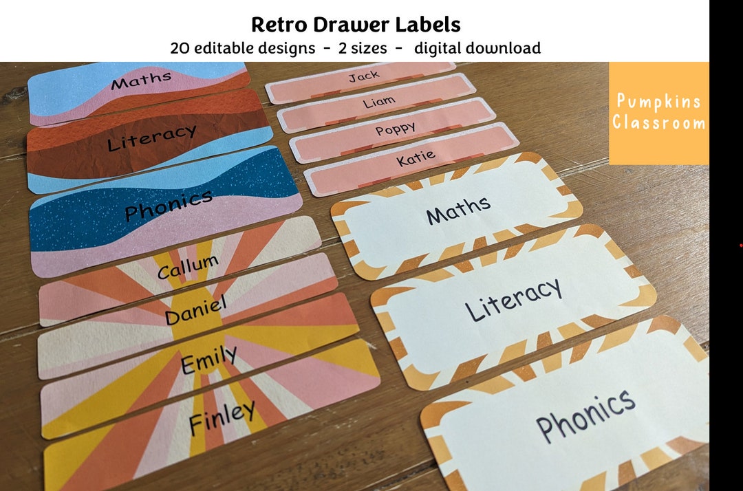 Retro 70s Classroom Drawer Trolley Tray Name Labels Editable Digital ...