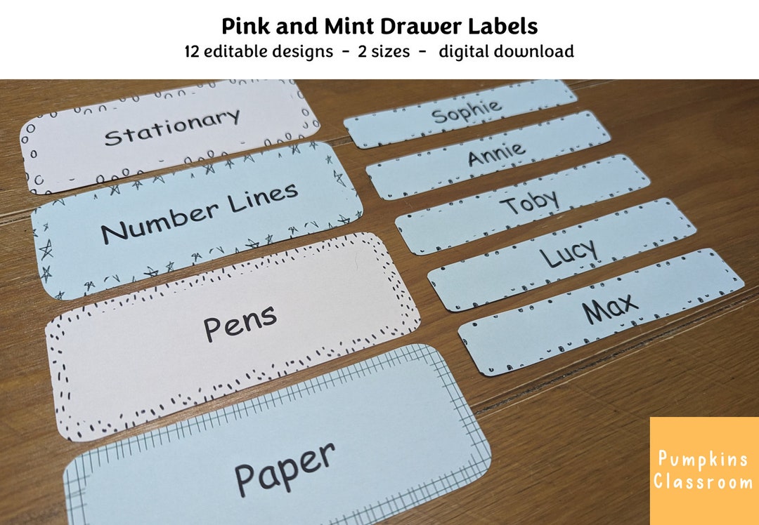 Pink and Mint Classroom Drawer Trolley Tray Organisation Name Labels ...