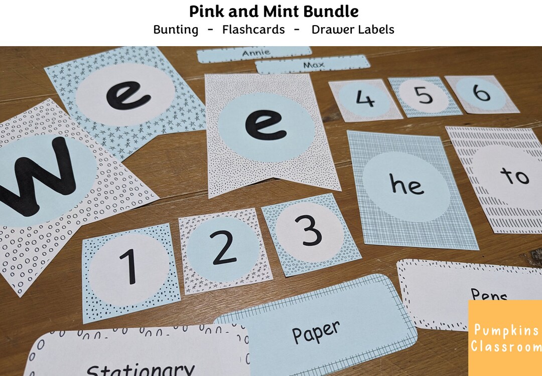 Pink and Mint Bundle Flashcards Bunting Drawer Labels Classroom Display ...