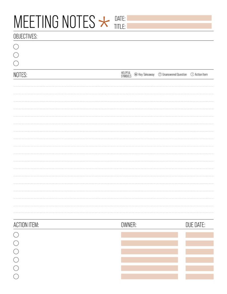 Meeting Notes Template With Action Items Section - Warm Colors - Etsy