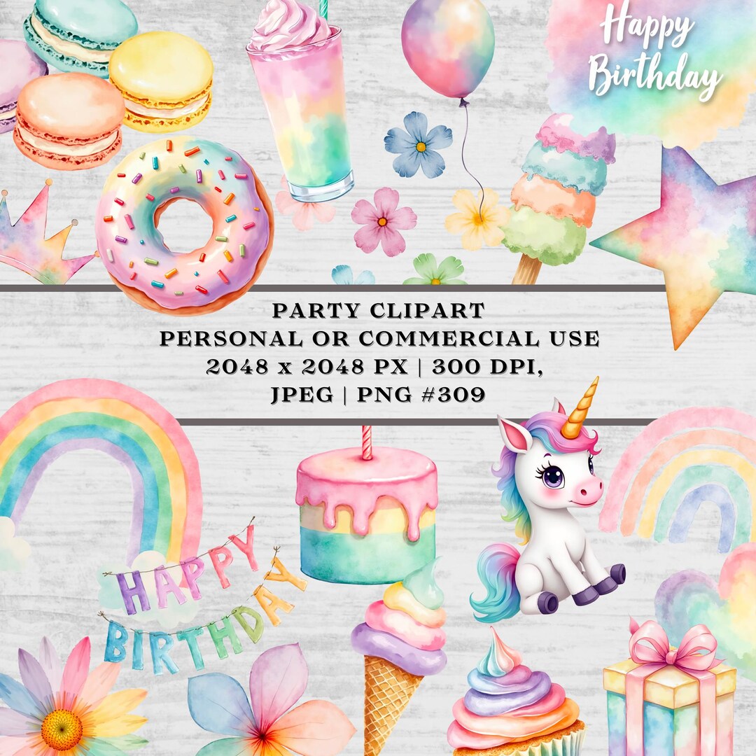 Birthday Party Clipart, Watercolor Clipart, 26 JPEG/ PNG 300 DPI High ...