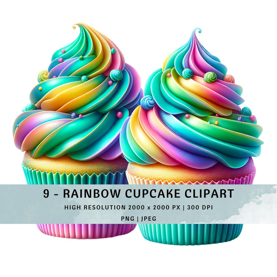 Rainbow Cupcake Clipart, 9 PNG, 9 JPEG, High Resolution, Illustration ...