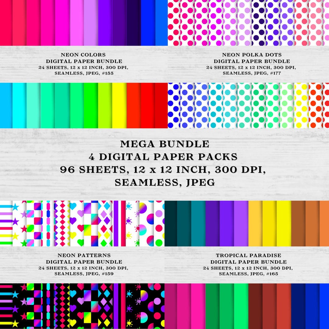 Digital Paper Mega Bundle, Neons, Polka Dots, Patterns, & Tropical, 96 ...
