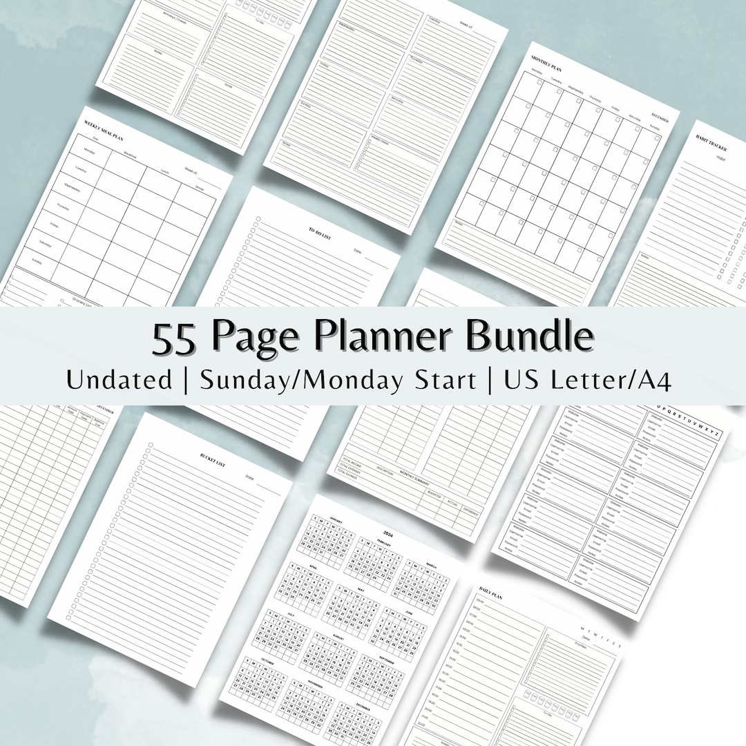 Planner Bundle Printable, 55 Pages, Undated, Sunday, Monday Start ...