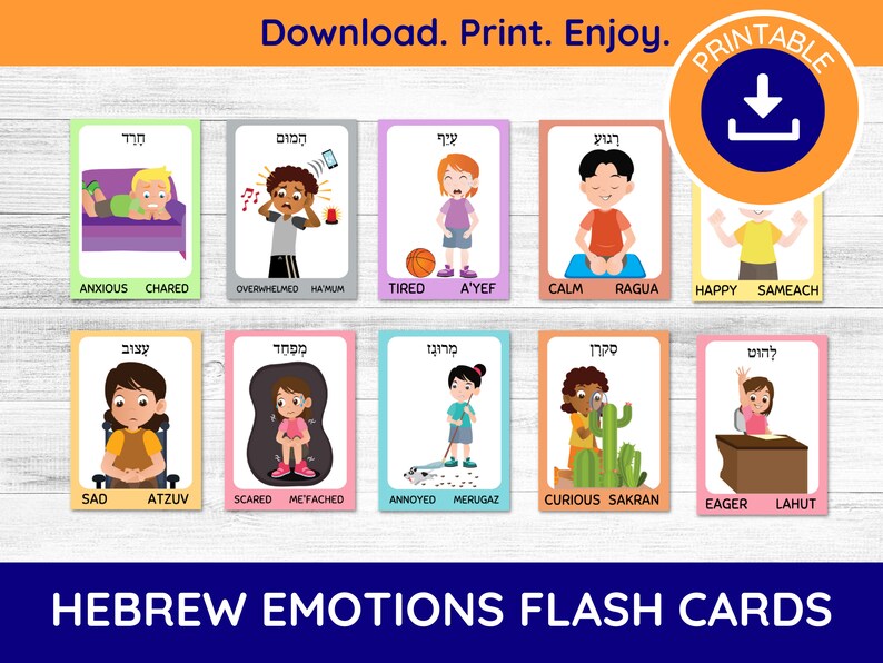Hebrew Emotions Flash Cards, Hebrew Flash Cards, Learn Emotions in ...