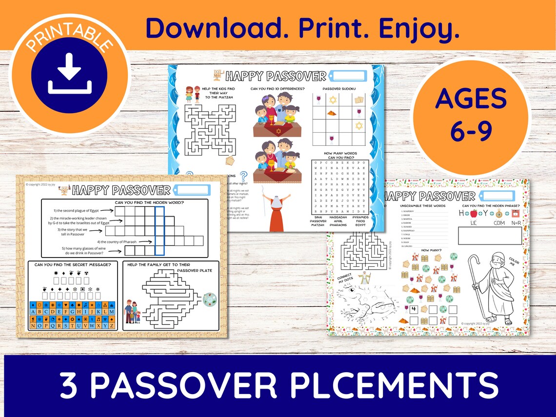 Printable Seder Placemats, Ages 6-9, Passover Activities, Passover ...