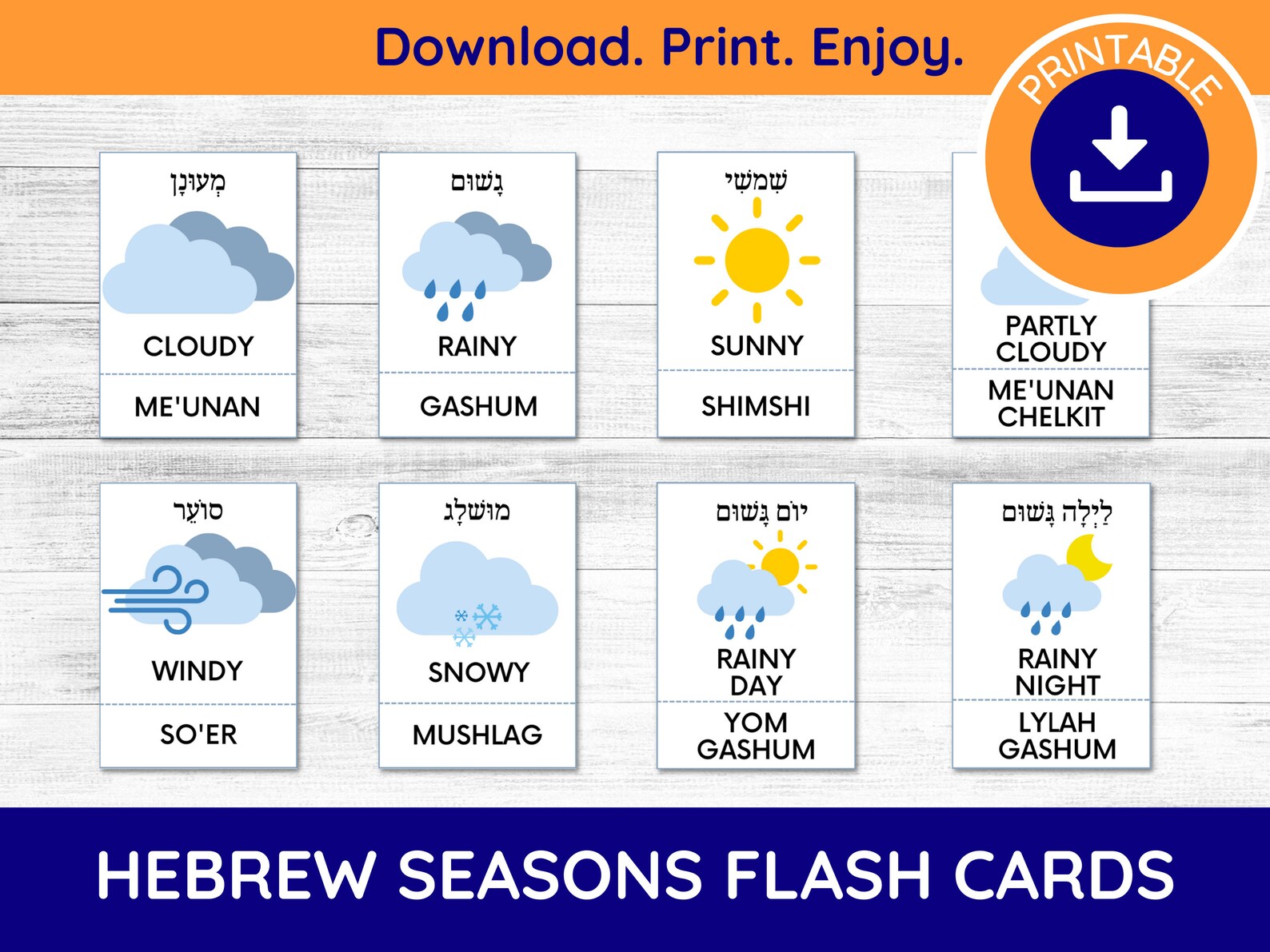 Hebrew Seasons Flash Cards, Hebrew Flash Cards, Learn Your Seasons in ...
