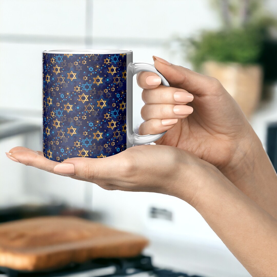 Star of David Pattern Blue and Gold Ceramic Mug 11oz Hebrew Coffee Mug ...