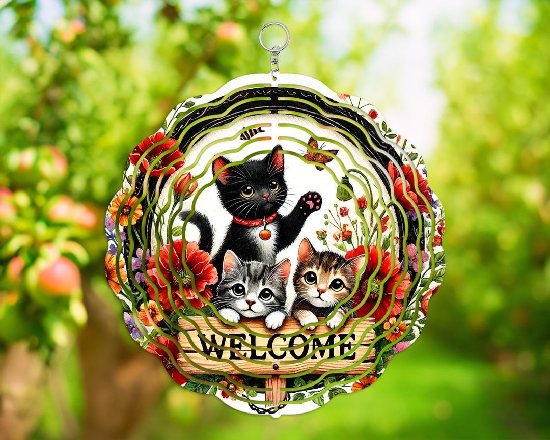 Cute Cat Welcome Double Sided 10" Wind Spinner Yard Decoration Home ...