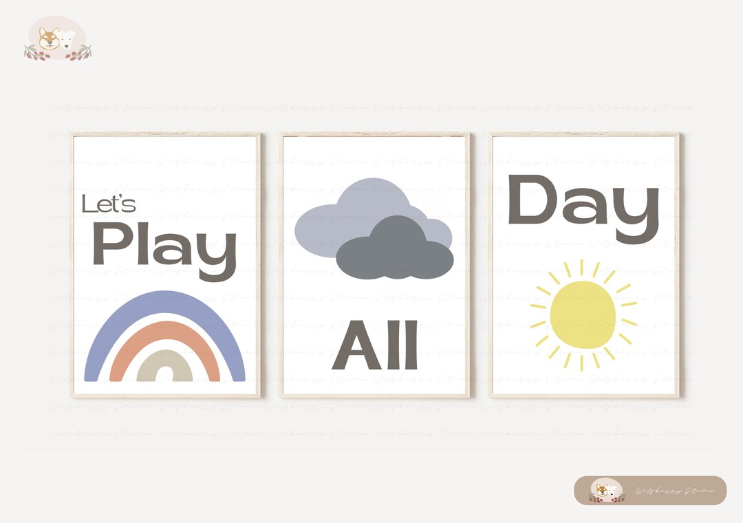 Let's Play All Day Poster Set of 3 Charming Kid Prints Soft Cool Grey ...