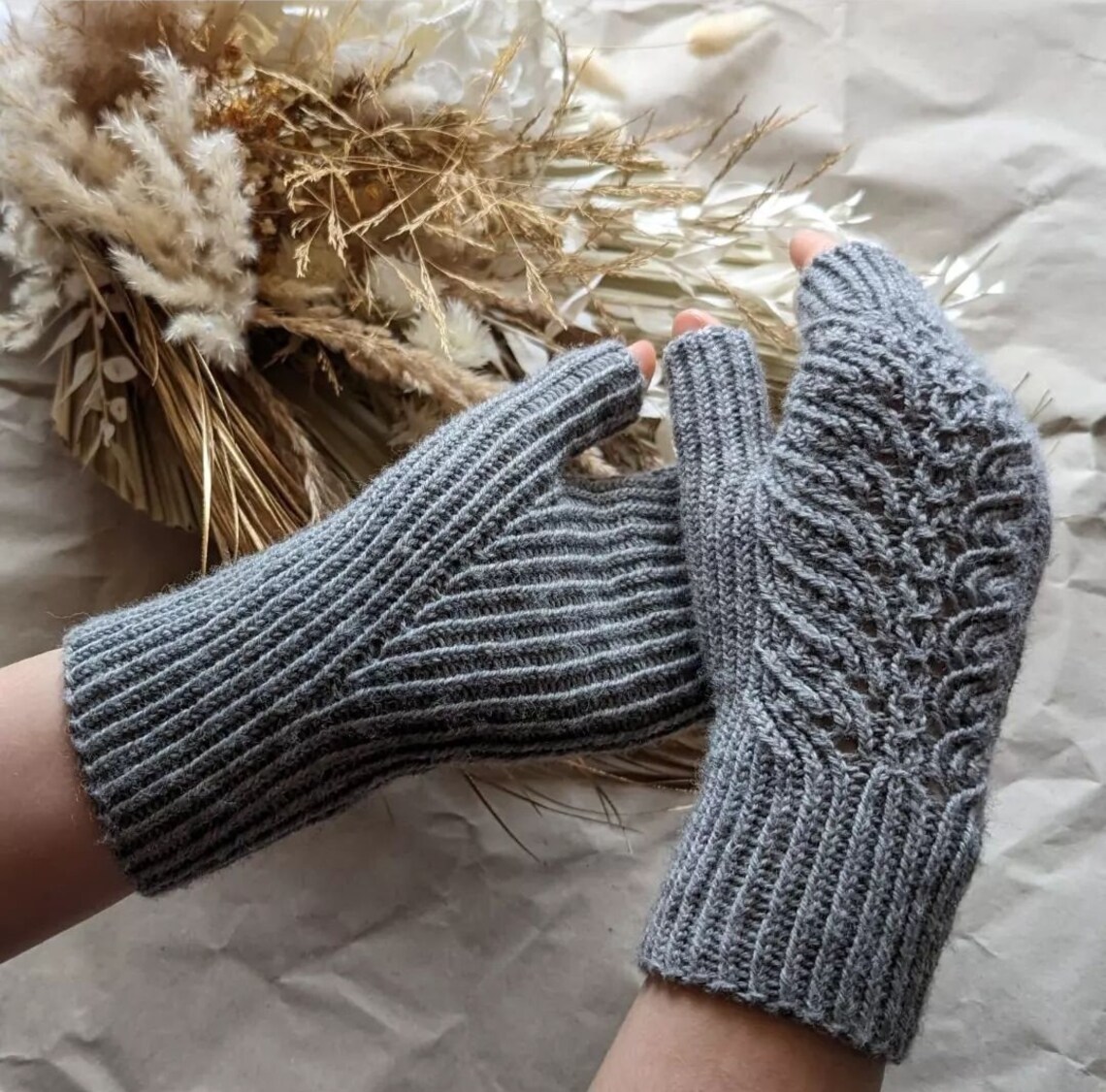 Lace Knit Mittens Pattern: Ribbed Fingerless Mitts (PDF Download in ...