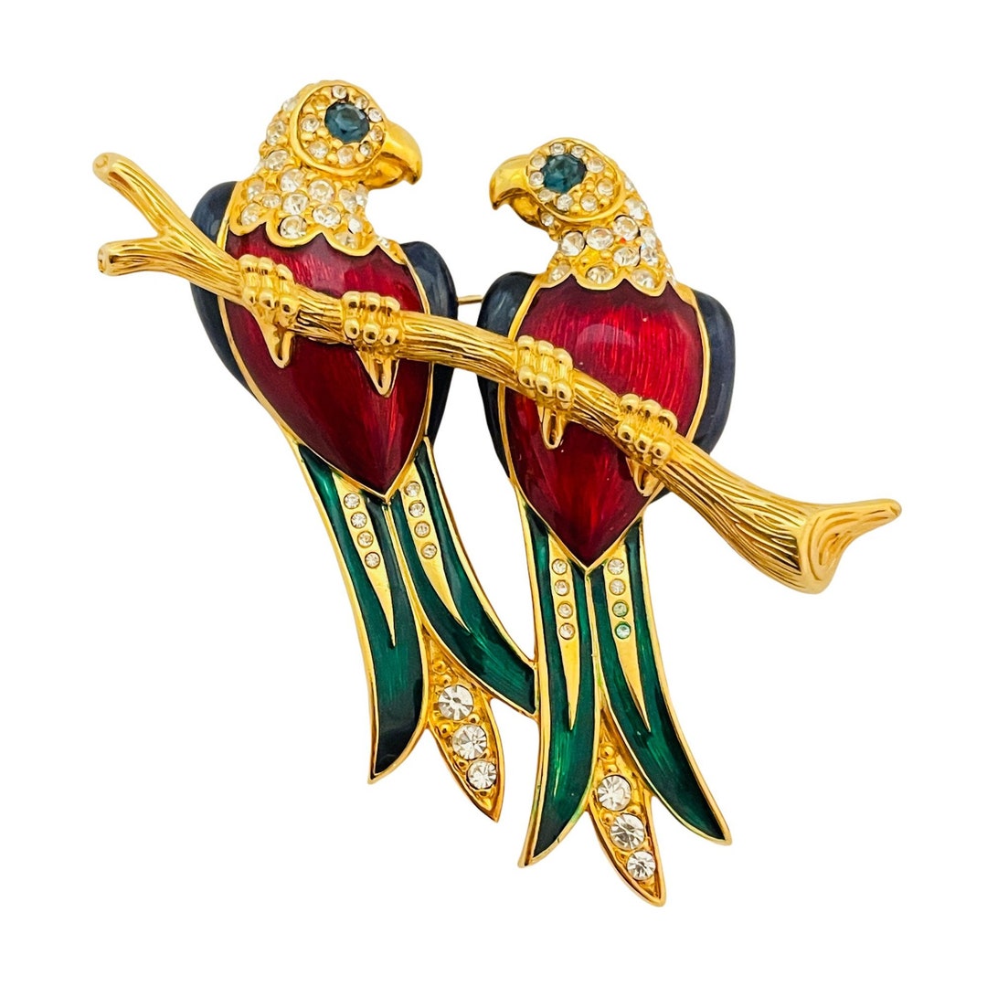 Vintage LR Signed Gold Enamel Birds Designer Runway Brooch - Etsy