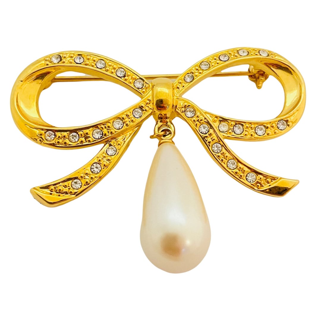 Vintage MONET Bow Gold Dangle Pearl Designer Runway Brooch - Etsy
