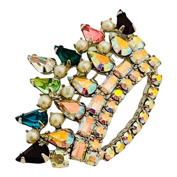 Vintage silver crown rhinestone designer runway brooch - Gem